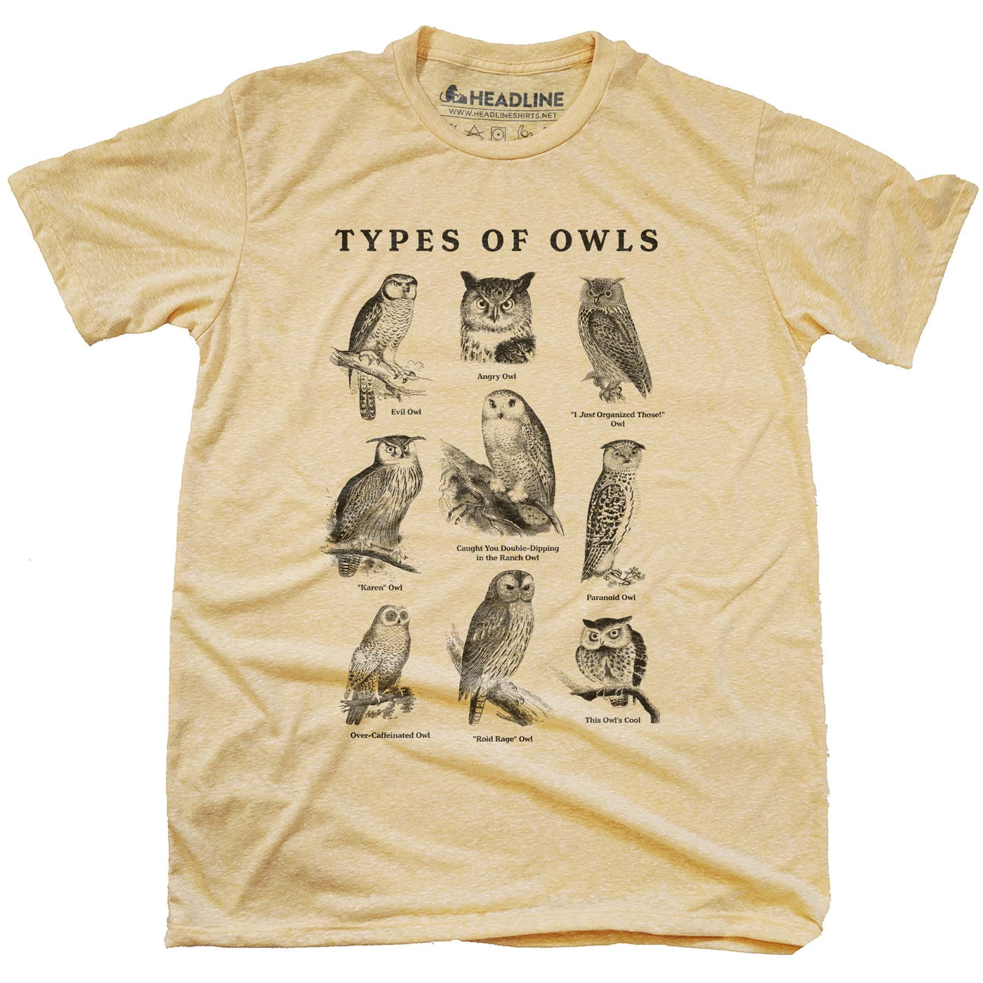 Types Of Owls Funny Graphic T-Shirt | Vintage Birds Nature Tee - Solid ...