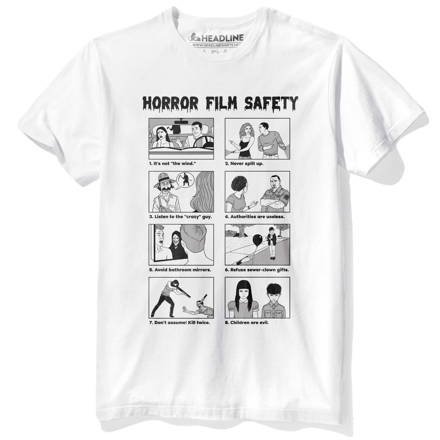 Horror Film Safety Guide Funny Graphic T-Shirt | Cool Movie Parody Tee ...