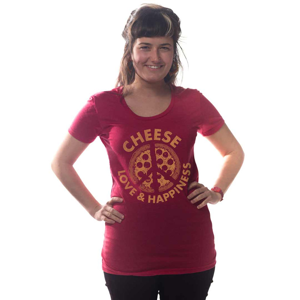 Women's Cheese Love Happiness Funny Graphic T-Shirt | Retro Pizza Tee ...